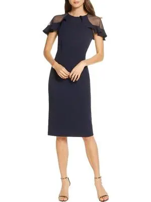 Eliza J Sheer Ruffle Shoulder Cocktail Dress - Navy