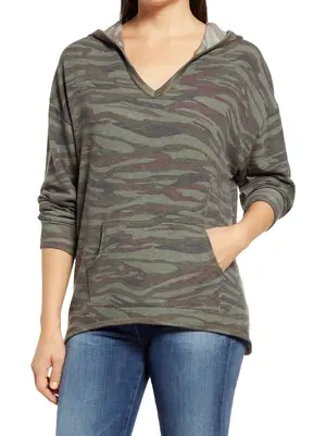 Loveappella Loveappella Camouflage V-Neck Hoodie Olive