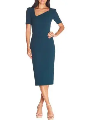 Dress The Population Ruth Asymmetric Neck Midi Dress - Pine