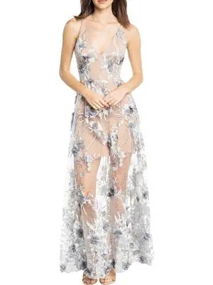 Dress The Population Sidney 3d Lace Gown - Mineral Blue/nude