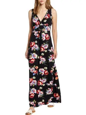 Loveappella Floral Print Maxi Dress - Black/coral