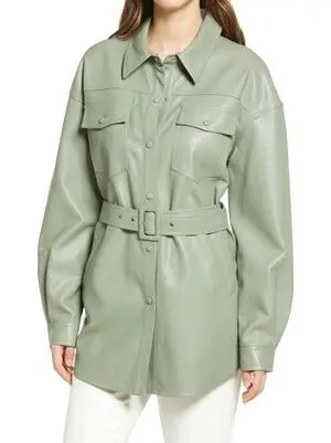 Sanctuary Faux Leather Belted Shirt Jacket - Sage