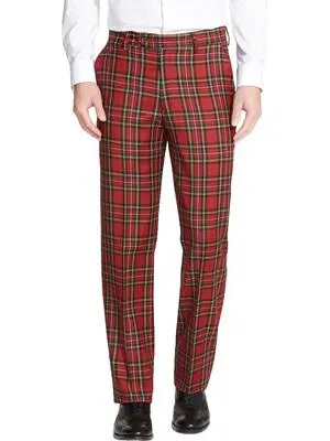 Berle Touch Finish Flat Front Plaid Wool Trousers - Red