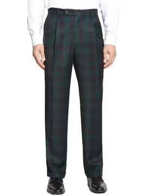 Berle Berle Touch Finish Pleated Plaid Wool Trousers Green