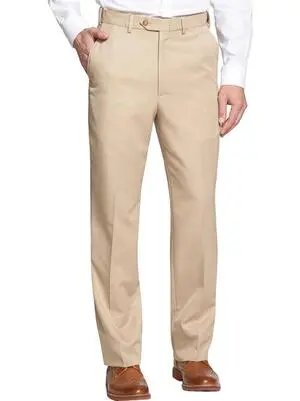 Berle Berle Self Sizer Waist Flat Front Classic Fit Microfiber Trousers Tan
