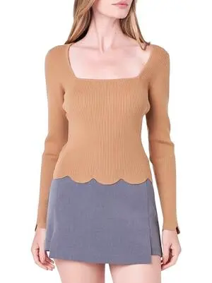 English Factory Scalloped Hem Sweater - Tan
