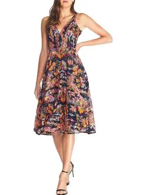 Dress The Population Elisa Embellished Fit & Flare Dress - Papaya Multi