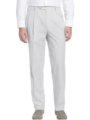 Berle Pleated Seersucker Cotton Dress Pants - Grey