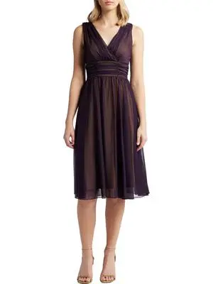 CONNECTED APPAREL Chiffon Overlay Dress - Eggplant/ Gold