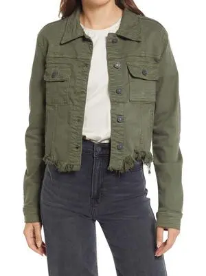 HIDDEN JEANS Frayed Hem Denim Trucker Jacket - Olive