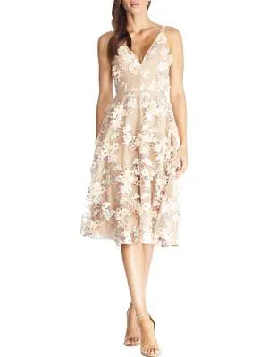 Dress The Population Elisa Floral Appliqué Embroidered Fit & Flare Dress - Dusty Pink Multi