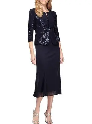 Alex Evenings Sequin Jacket Midi Dress - Navy