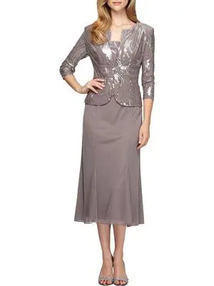 Alex Evenings Sequin Jacket Midi Dress - Pewter Frost