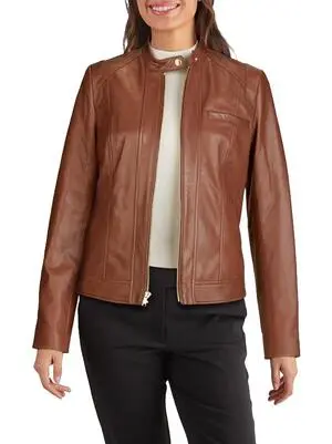 Cole Haan Lambskin Leather Moto Jacket - Hickory