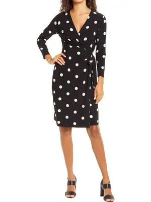 Anne Klein Polka Dot Bracelet Sleeve Wrap Dress - Anne Black/anne White