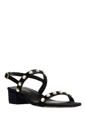 JON JOSEF Sawyer Imitation Pearl Sandal - Black Satin