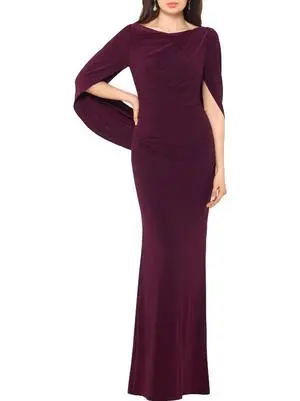 Betsy & Adam Cape Long Sleeve Trumpet Gown - Wine