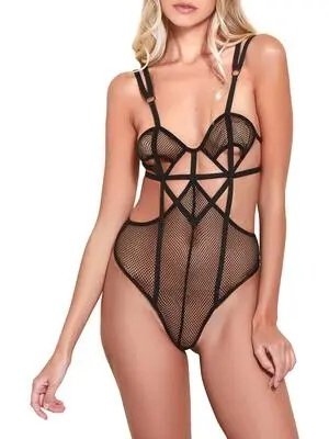 HAUTY Strappy Fishnet Mesh Teddy - Black