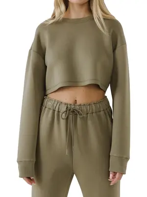 GREY LAB GREY LAB Lounge Wear Cropped Crewneck Sweatshirt Olive