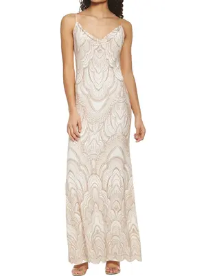 JUMP APPAREL Deco Glitter Cowl Neck Gown Ivory/ Gold