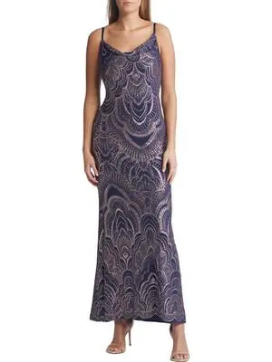 JUMP APPAREL Deco Glitter Cowl Neck Gown - Slate