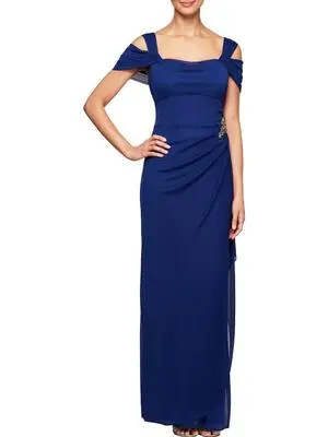 Alex Evenings Embellished Cold Shoulder Column Gown - Electric/ Blue