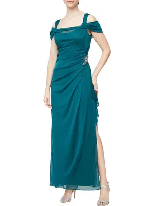 Alex Evenings Alex Evenings Embellished Cold Shoulder Column Gown Emerald Aqua