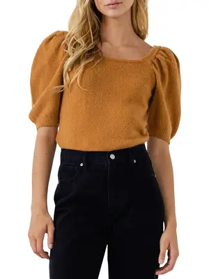 English Factory English Factory Puff Sleeve Crewneck Sweater Tan