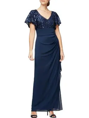 Alex Evenings Sequin Lace And Ruched Chiffon Gown - Navy