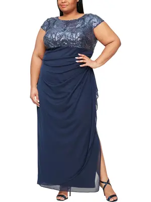 Alex Evenings Alex Evenings Sequin Lace And Ruched Chiffon Gown Wedgewood