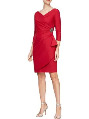 Alex Evenings Embellished Ruched Sheath Cocktail Dress Deep Red