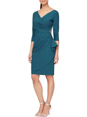 Alex Evenings Embellished Ruched Sheath Cocktail Dress Deep Teal