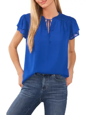 CECE DUPRAZ CeCe Flutter Sleeve Tie Neck Top Deep Royal Blue