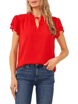 CECE DUPRAZ CeCe Flutter Sleeve Tie Neck Top Fireball Red