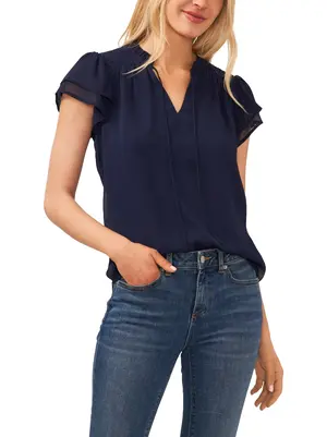 CECE DUPRAZ CeCe Flutter Sleeve Tie Neck Top Navy Blue Jay