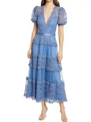 Tadashi Shoji Embroidered Lace Tiered Midi Dress - Powder Blue