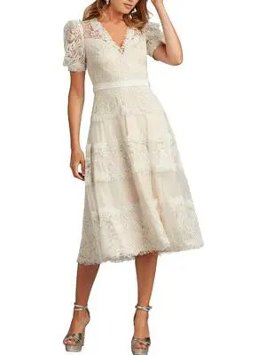 Tadashi Shoji Embroidered Lace Tiered Midi Dress - White/petal