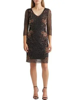Pisarro Nights Beaded V-neck Cocktail Dress - Black/copper