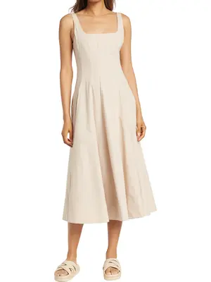 Staud STAUD Wells Stretch Cotton Poplin Midi Fit & Flare Dress Biscotti