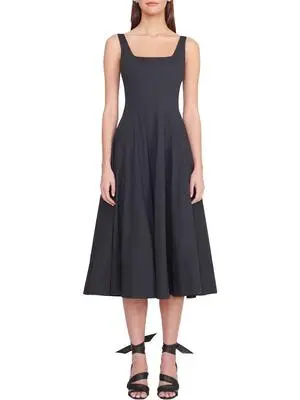 Staud Wells Stretch Cotton Poplin Midi Fit & Flare Dress - Black