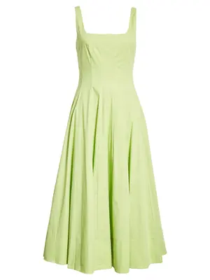 Staud STAUD Wells Stretch Cotton Poplin Midi Fit & Flare Dress Lime