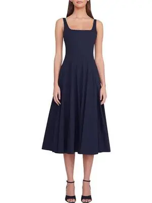 Staud Wells Stretch Cotton Poplin Midi Fit & Flare Dress - Navy