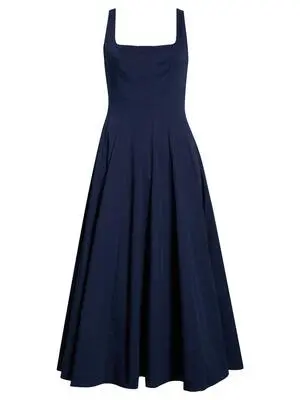 Staud Wells Stretch Cotton Poplin Midi Fit & Flare Dress - Navy