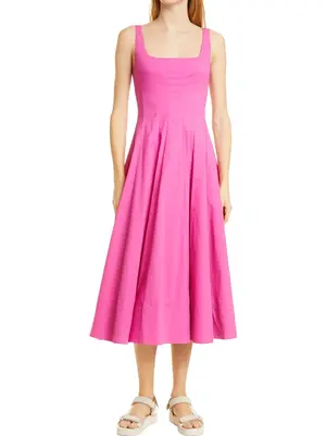 Staud STAUD Wells Stretch Cotton Poplin Midi Fit & Flare Dress Peony