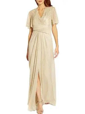 ADRIANNA PAPELL Adrianna Papell Metallic Mesh A-Line Gown