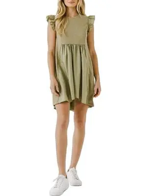 English Factory Mixed Media Ruffle Dress - Sage