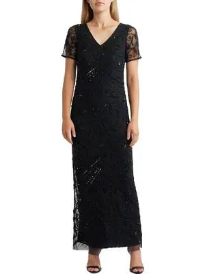 Pisarro Nights Beaded Mesh Gown - Black