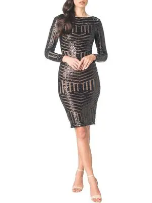 Dress The Population Emery Sequin Stripe Long Sleeve Cocktail Dress - Black/nude