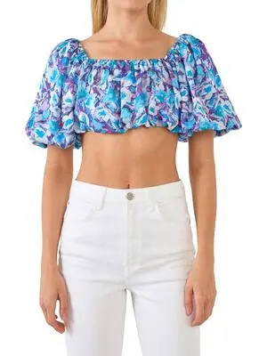 Endless Rose Floral Puff Sleeve Crop Top - Blue Multi