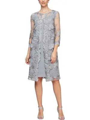 Alex Evenings Alex Evenings Embroidered Mock Jacket Cocktail Dress Dove